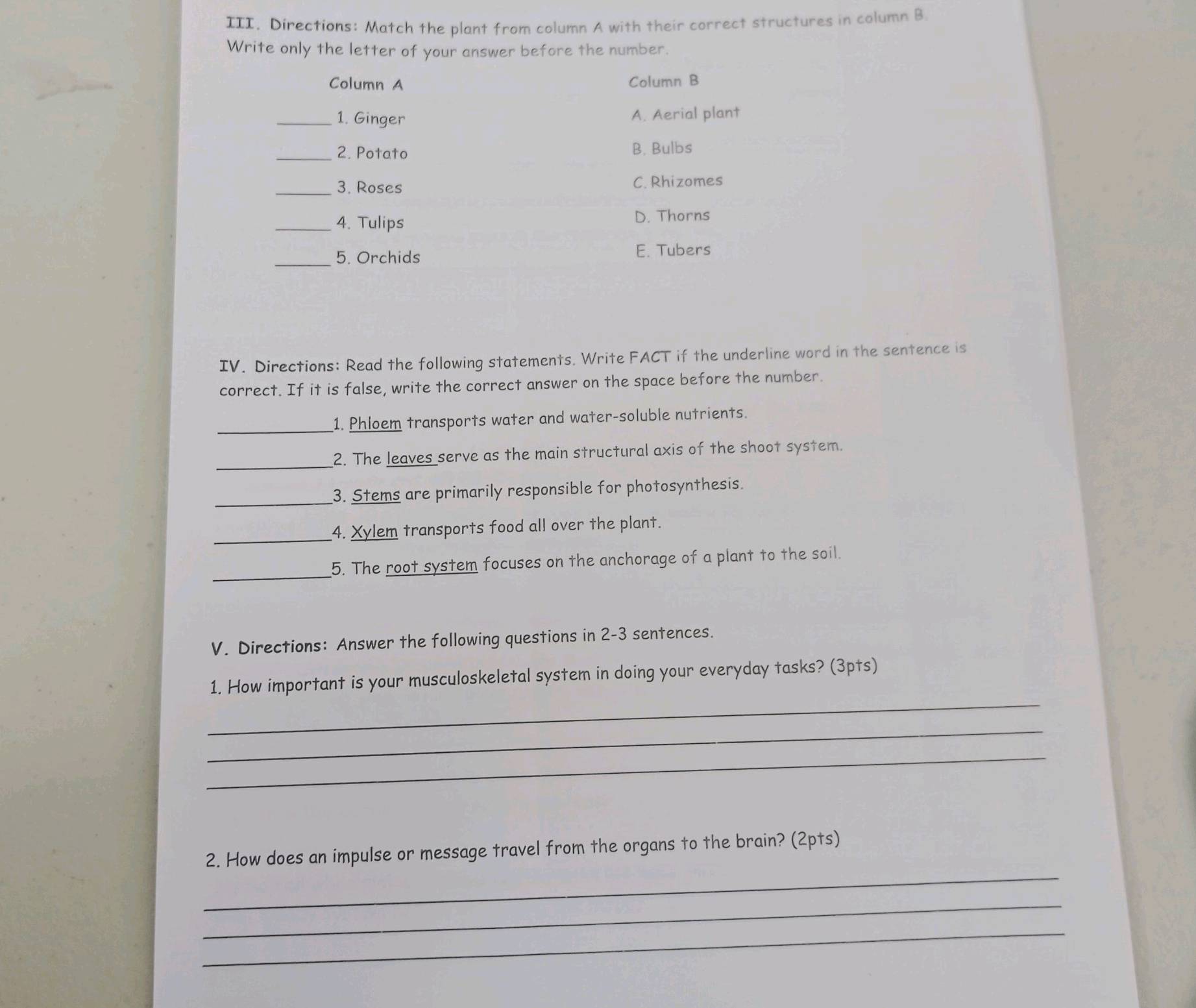 III. Directions: Match the plant from column | StudyX