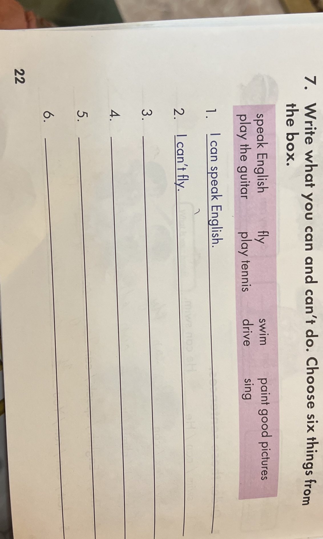 Write what you can and can't do. Choose six | StudyX