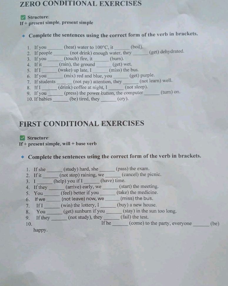 ZERO CONDITIONAL EXERCISES Structure: If + | StudyX