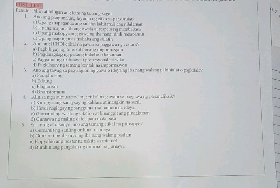 Panuto: Piliin at bilugan ang letra ng | StudyX