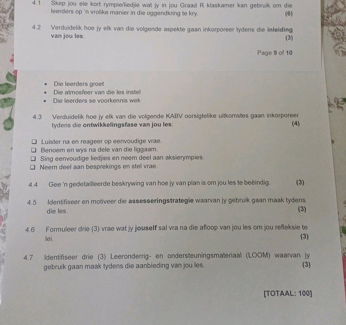 4.1 Skep jou eie kort rympie/liedjie wat jy | StudyX
