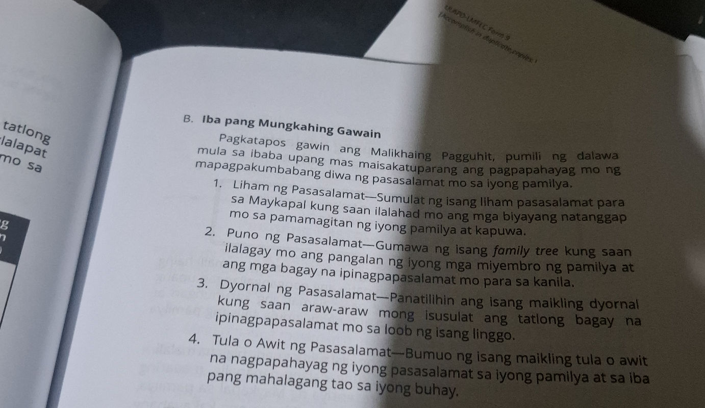 B. Iba pang Mungkahing Gawain Pagkatapos | StudyX