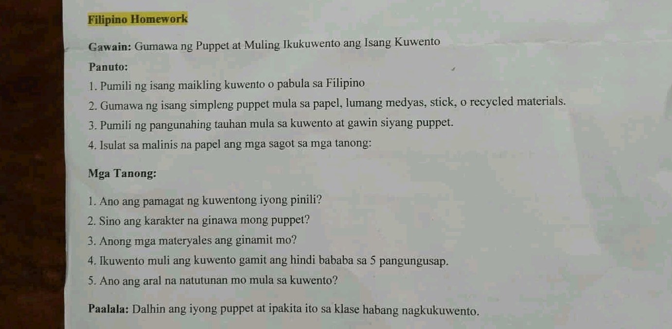 Gawain: Gumawa ng Puppet at Muling | StudyX