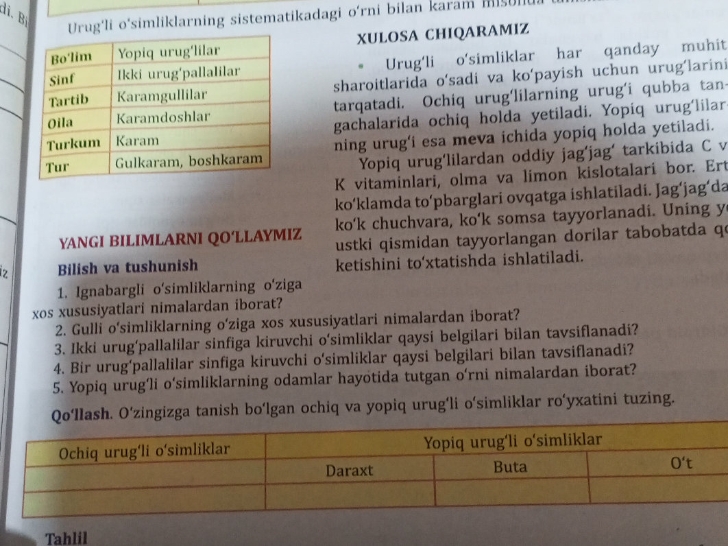 Bo'lim Yopiq urug'lilar Sinf Ikki | StudyX