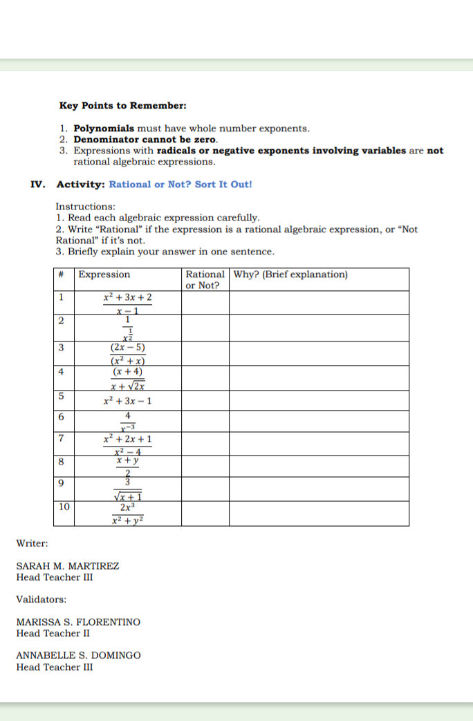 Instructions: 1. Read each algebraic | StudyX