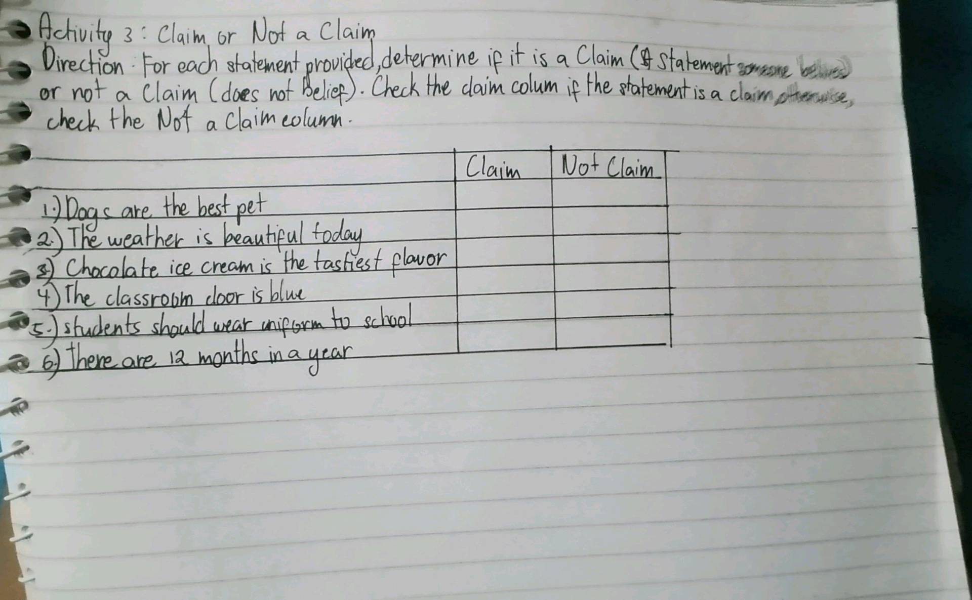 Activity 3: Claim or Not a Claim Direction: | StudyX