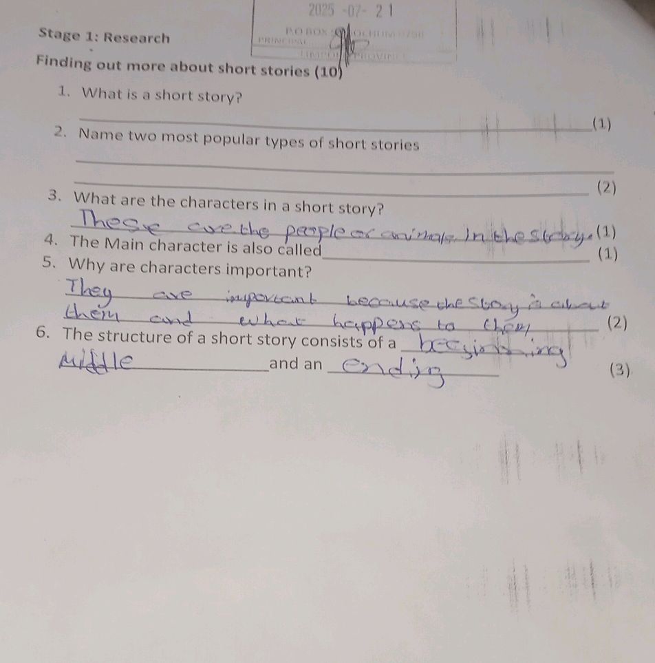 1. What is a short story? 2. Name two most | StudyX