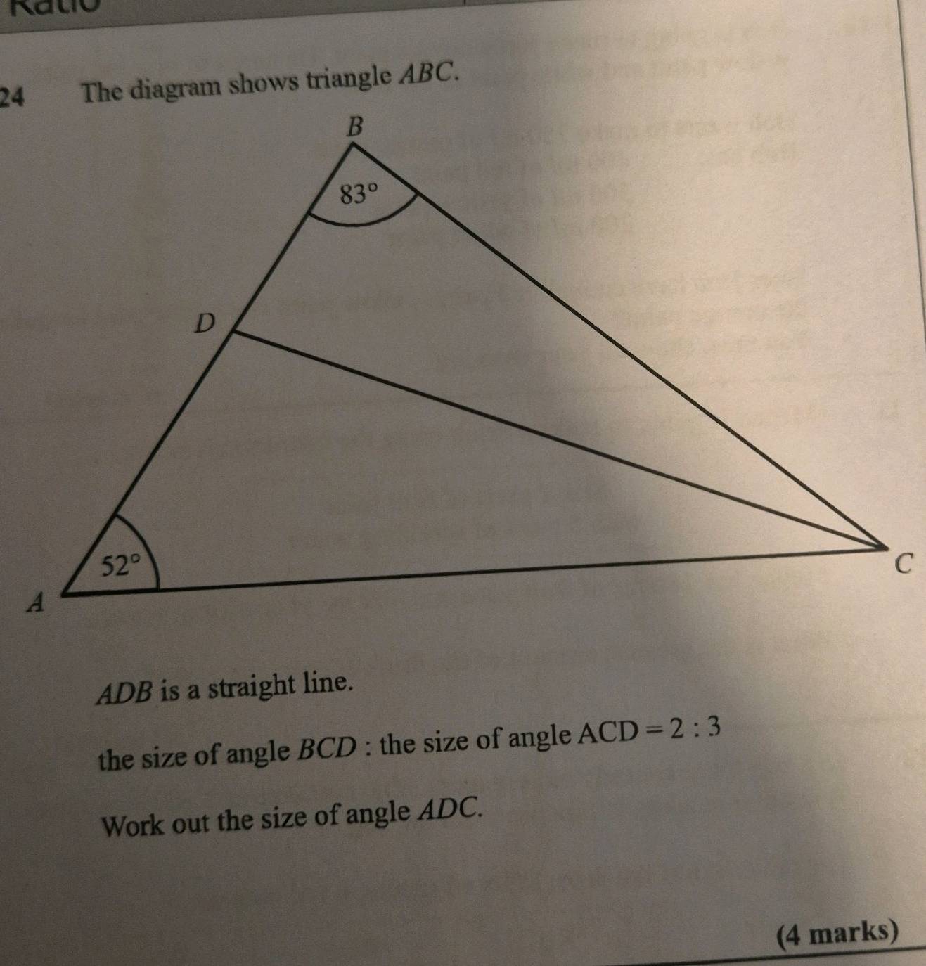 The diagram shows triangle *ABC*. *ADB* is | StudyX