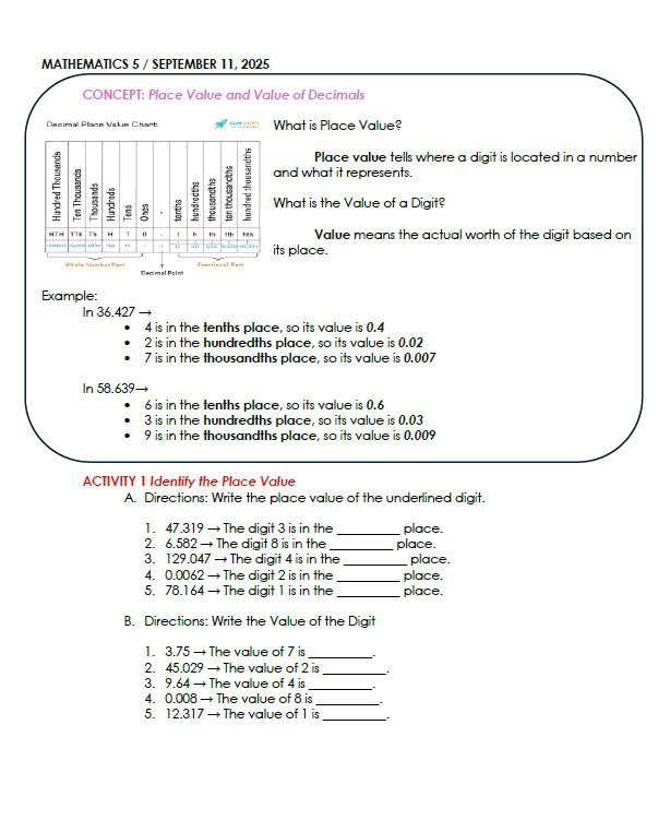 ACTIVITY 1 Identify the Place Value A. | StudyX