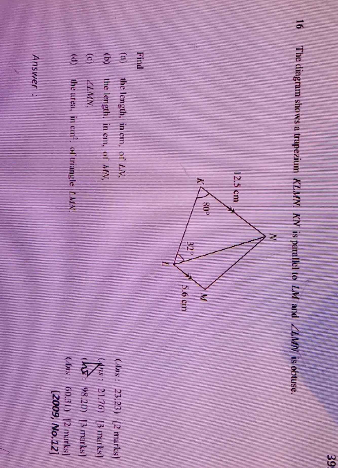The diagram shows a trapezium *KLMN*. *KN* | StudyX
