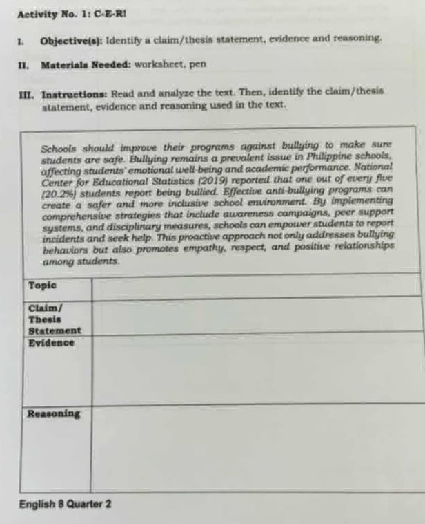 I. Objective(s): Identify a claim/thesis | StudyX