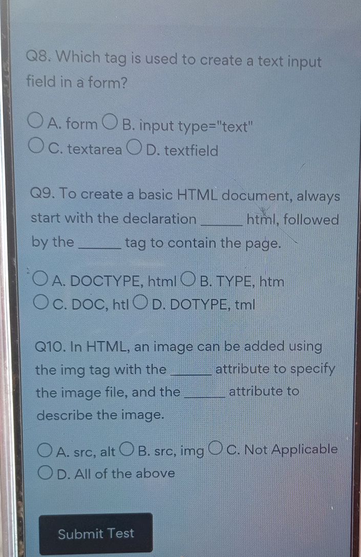 Q8. Which tag is used to create a text input | StudyX