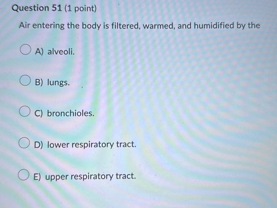 Question 51 (1 point) Air entering the body | StudyX