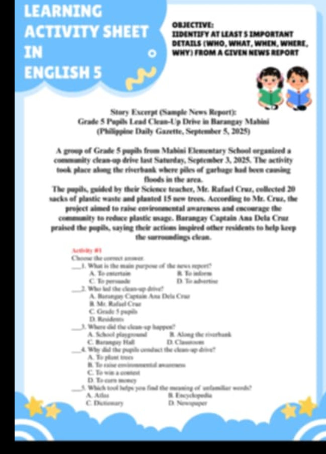 Story Excerpt (Sample News Report): Grade 5
