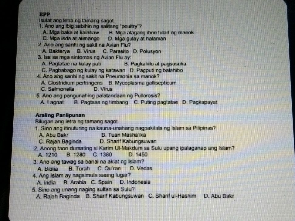 EPP Isulat ang letra ng tamang sagot. 1. Ano | StudyX