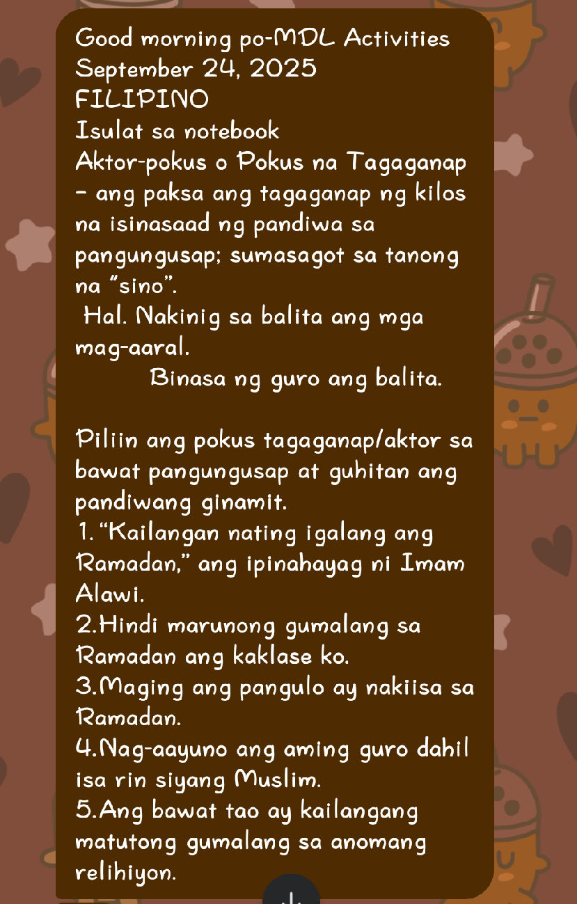 Piliin ang pokus tagaganap/aktor sa bawat | StudyX