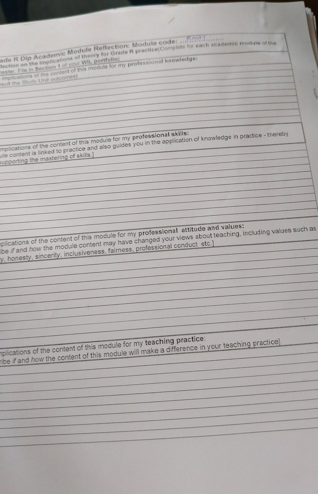 Grade R Dip Academic Module Reflection: | StudyX