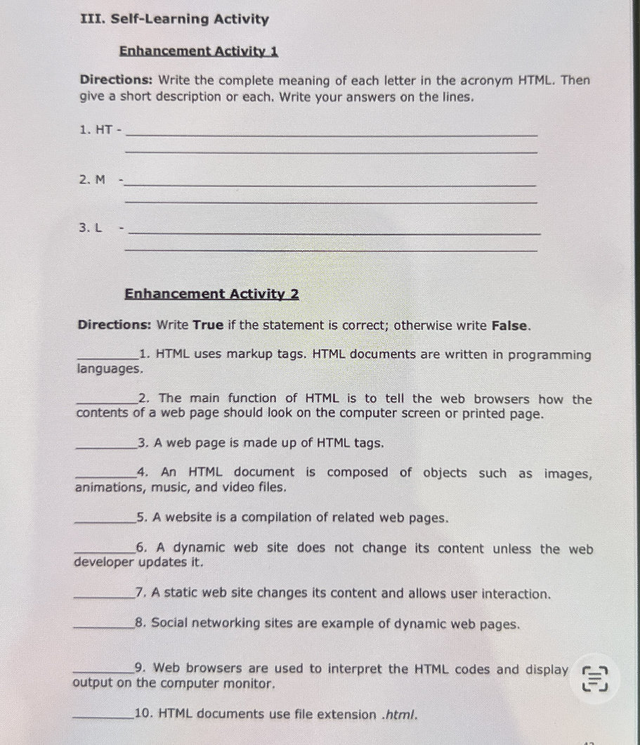Enhancement Activity 1 Directions: Write | StudyX
