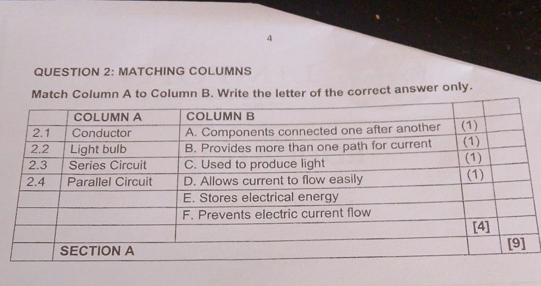 QUESTION 2: MATCHING COLUMNS Match Column A | StudyX