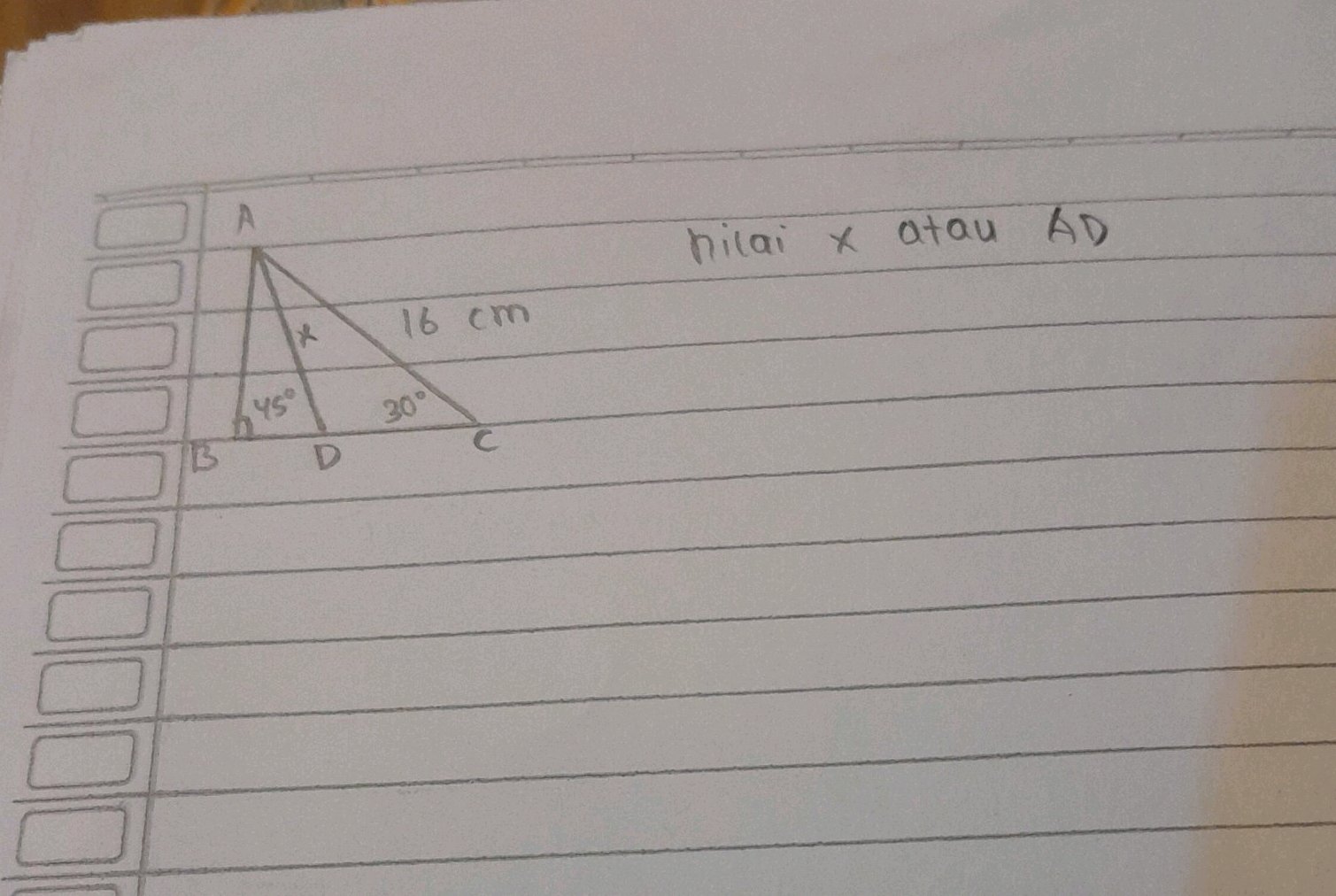 nilai x atau AD In triangle ABC, angle B is | StudyX