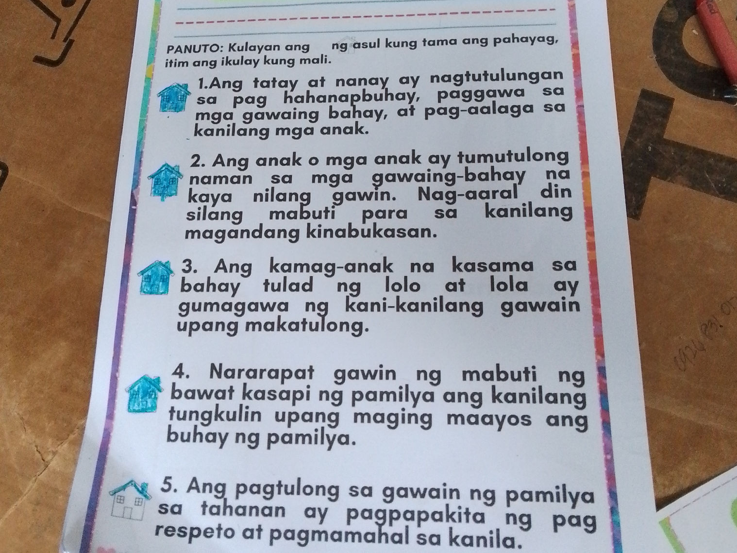 PANUTO: Kulayan ang ng asul kung tama ang | StudyX
