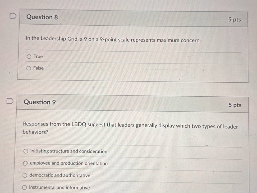 Question 8 In the Leadership Grid, a 9 on a | StudyX