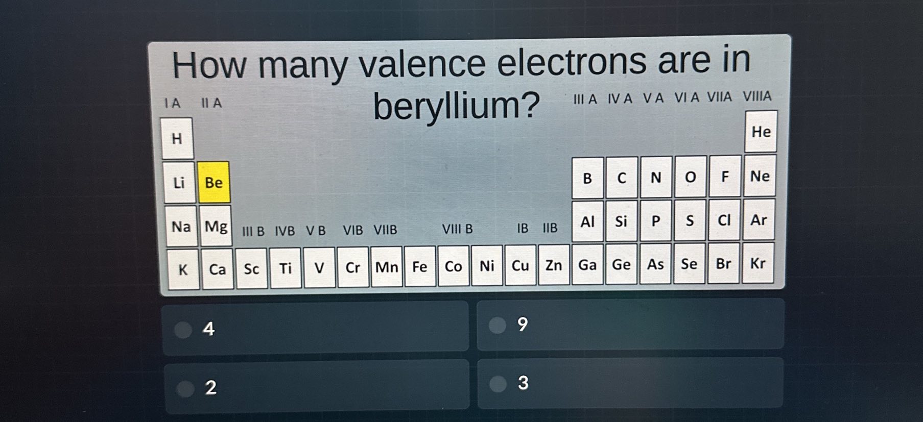 How many valence electrons are in beryllium? | StudyX