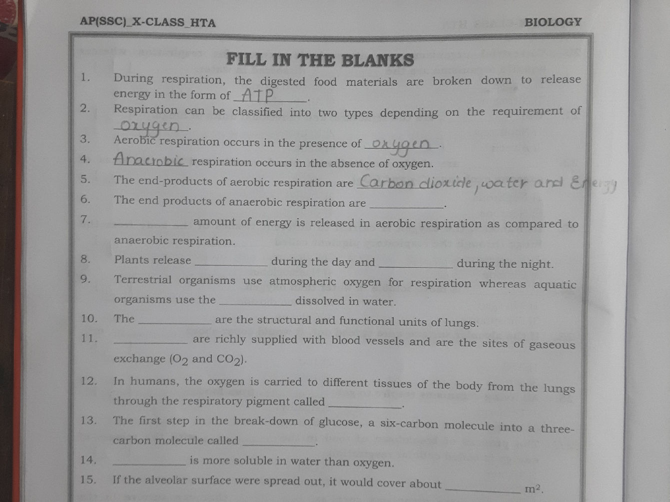 FILL IN THE BLANKS 1. During respiration, | StudyX