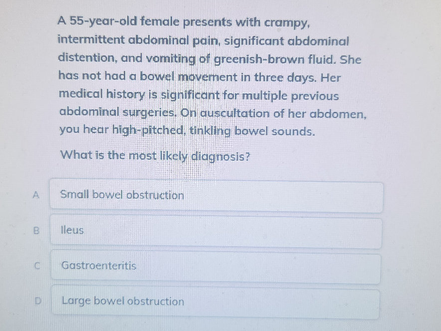 A 55-year-old female presents with crampy, | StudyX