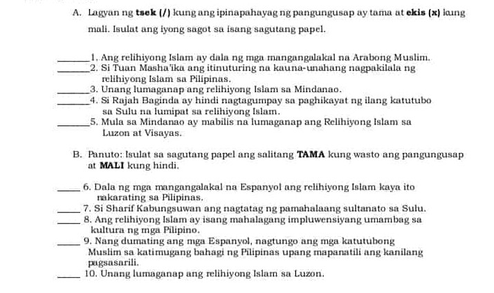 A. Lagyan ng tsek (/) kung ang ipinapahayag | StudyX