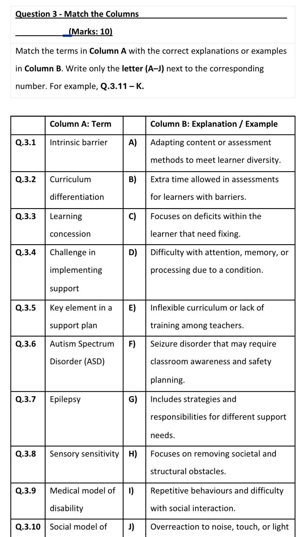 Match the terms in Column A with the correct | StudyX