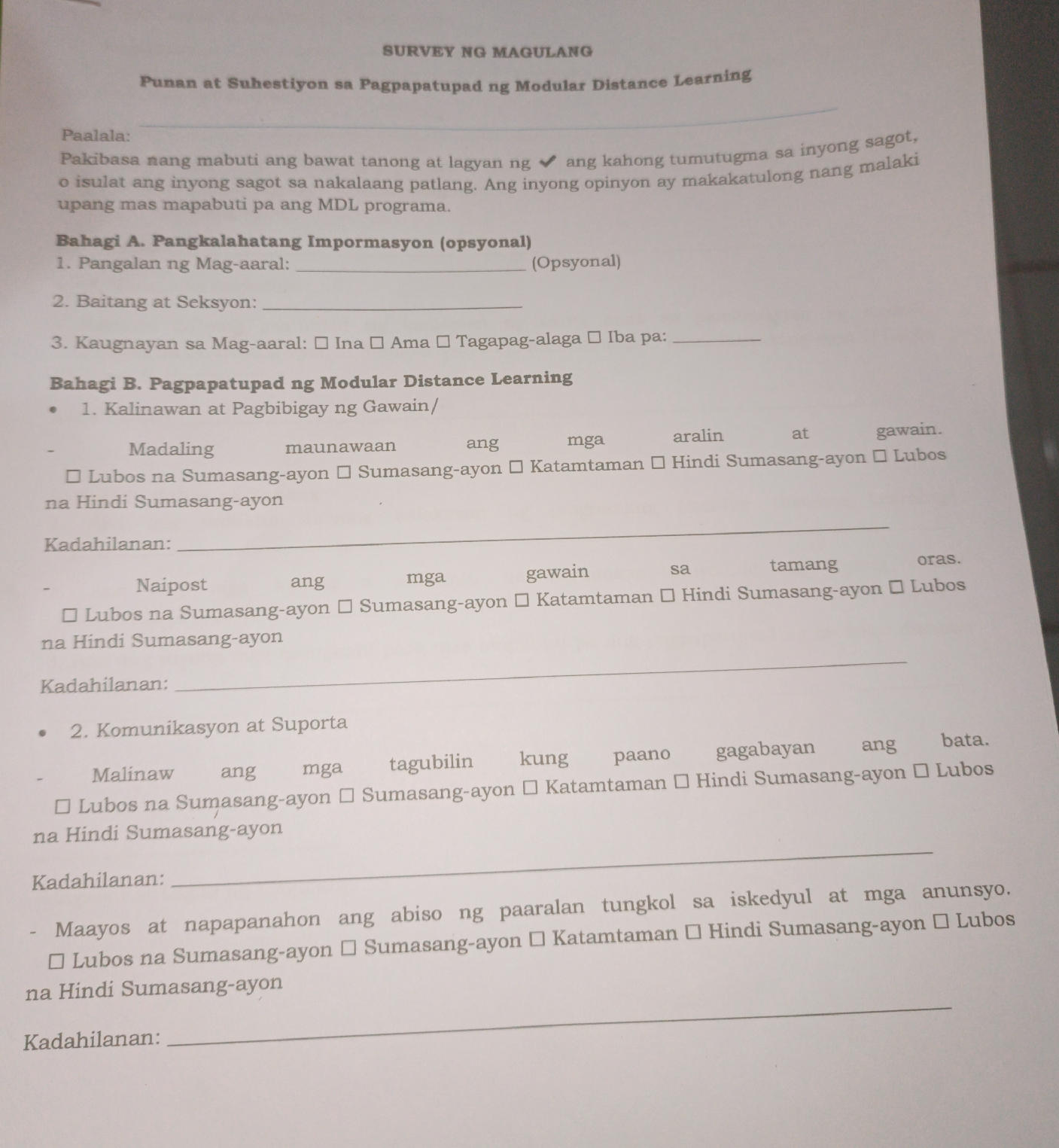 Bahagi B. Pagpapatupad ng Modular Distance | StudyX