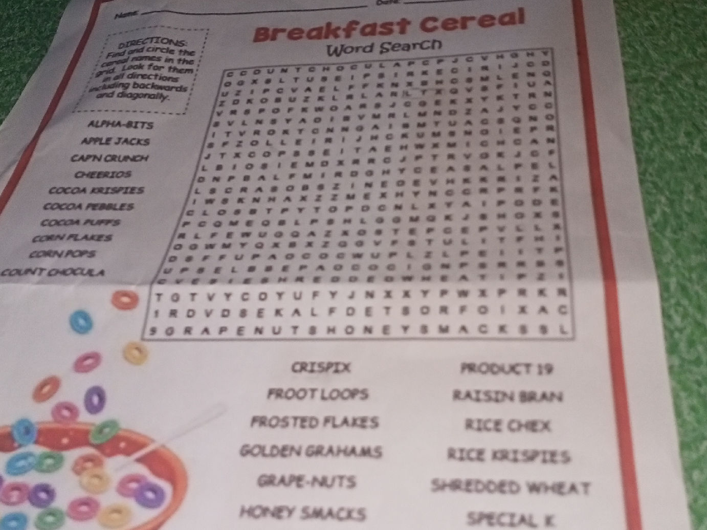 DIRECTIONS: Find and circle the cereal names | StudyX