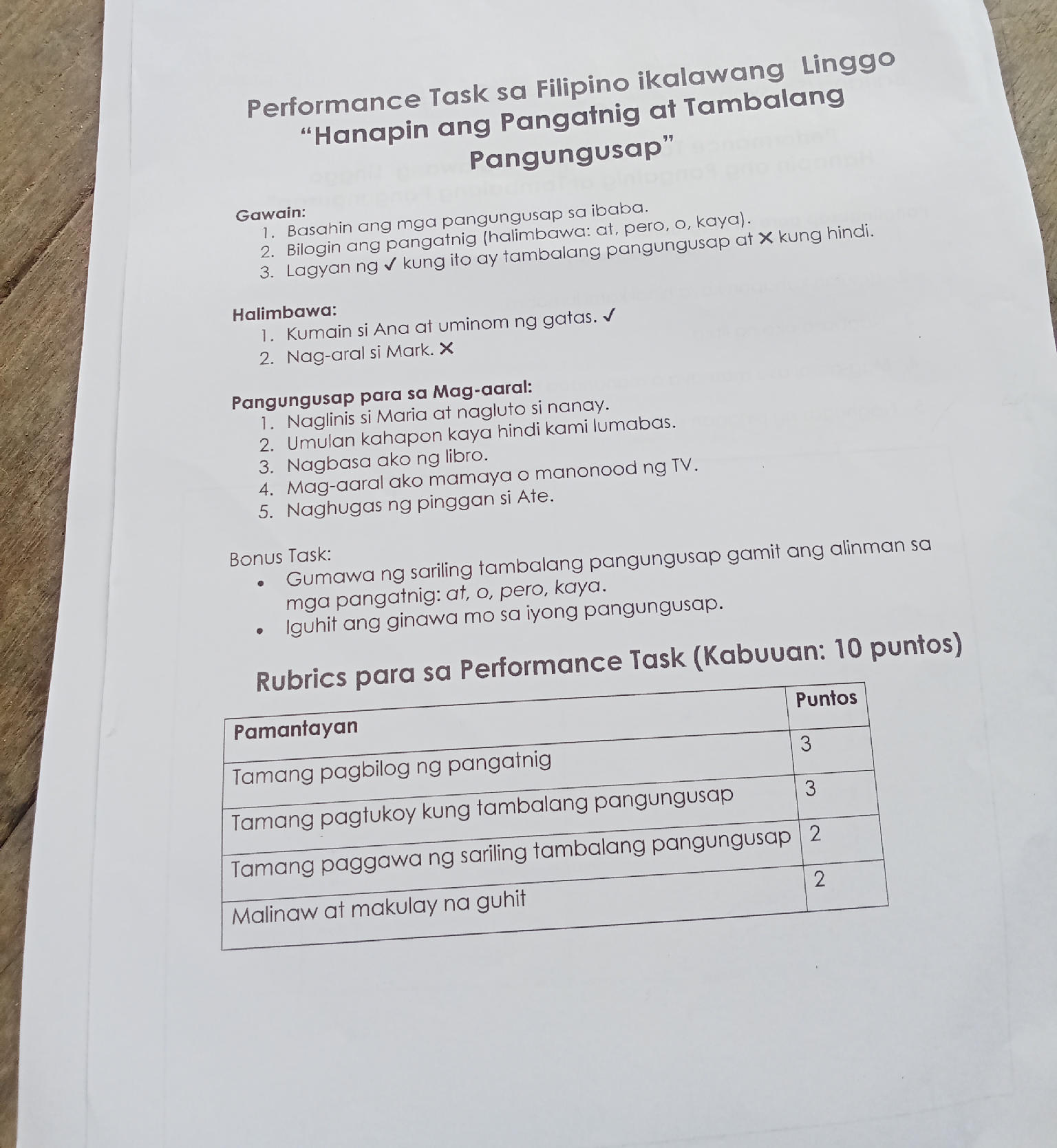 Performance Task sa Filipino ikalawang | StudyX