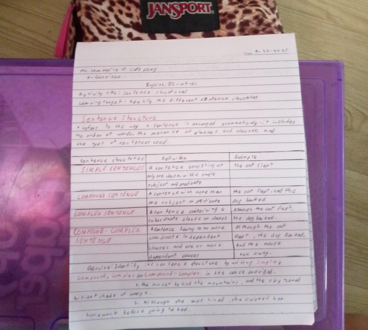 Exercise: Identify its sentence structure by | StudyX