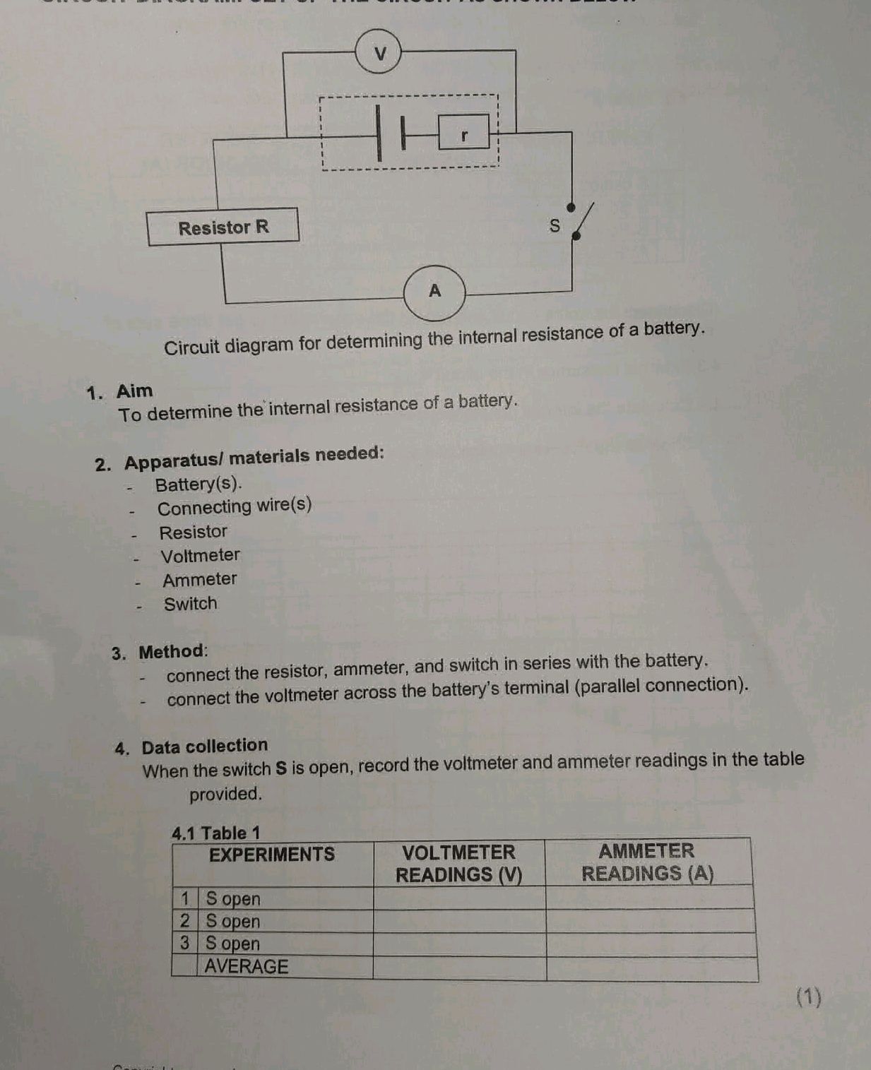 Circuit diagram for determining the internal | StudyX