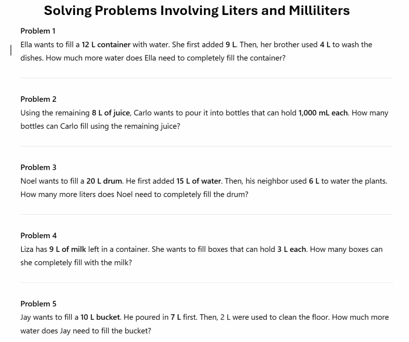 Problem 1 Ella wants to fill a 12 L | StudyX