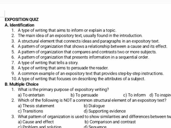 A. Identification 1. A type of writing that | StudyX