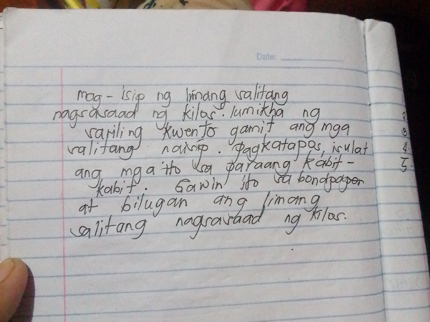 mag-isip ng limang salitang nagsasaad ng | StudyX