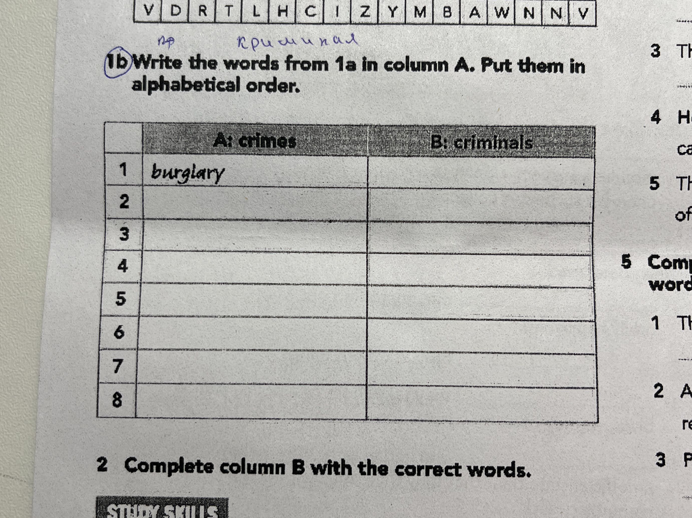 1b Write the words from 1a in column A. Put | StudyX