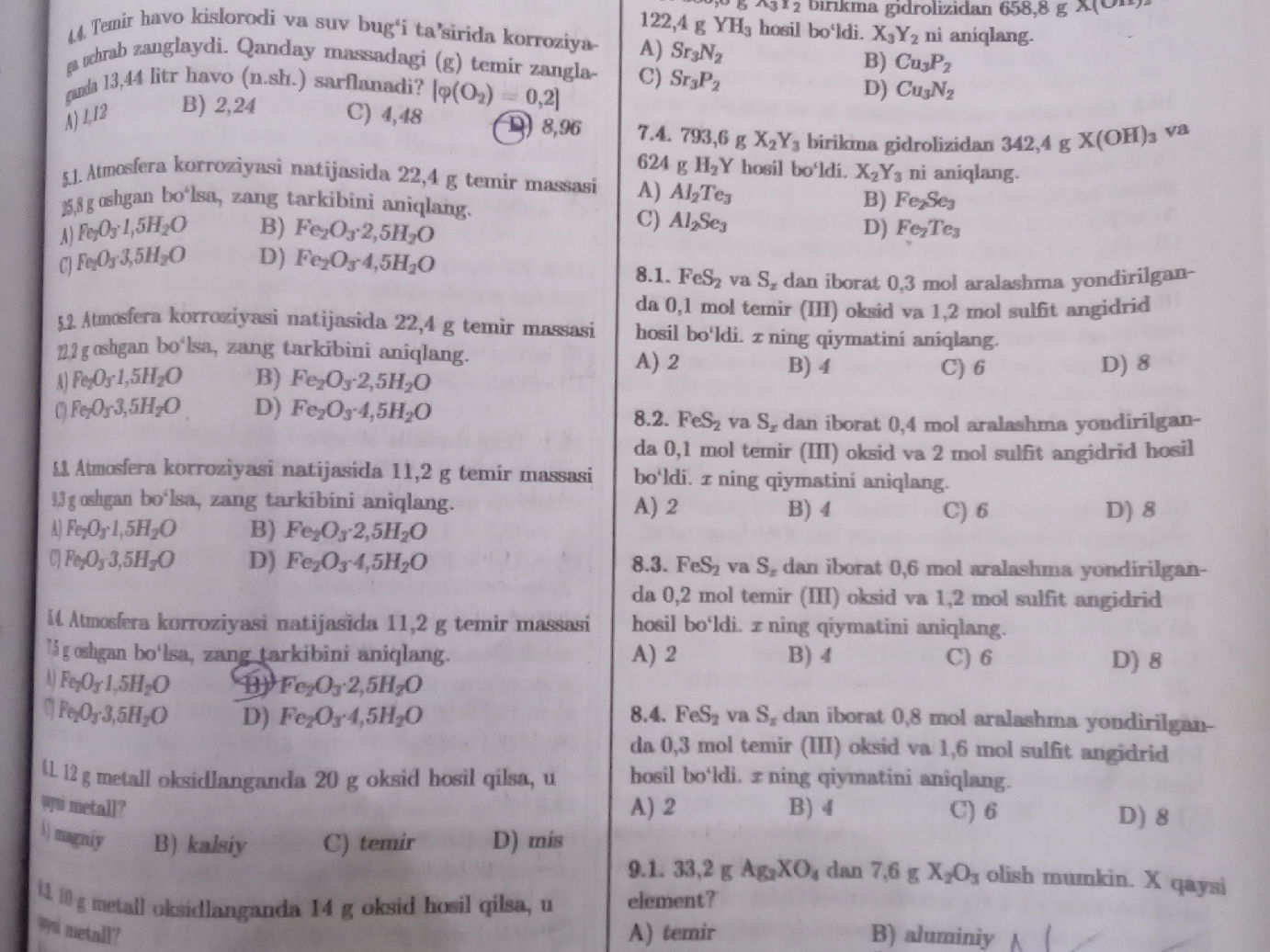 8.1. $FeS_2$ va $S_z$ dan iborat 0,3 mol | StudyX