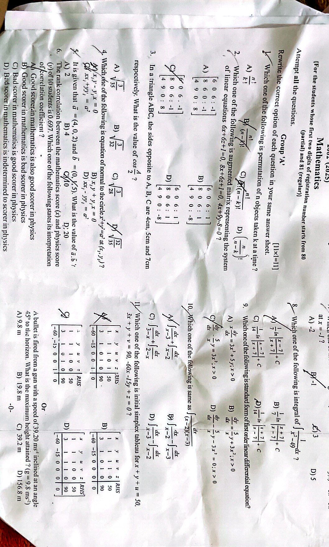 The rank correlation between the mathematics | StudyX