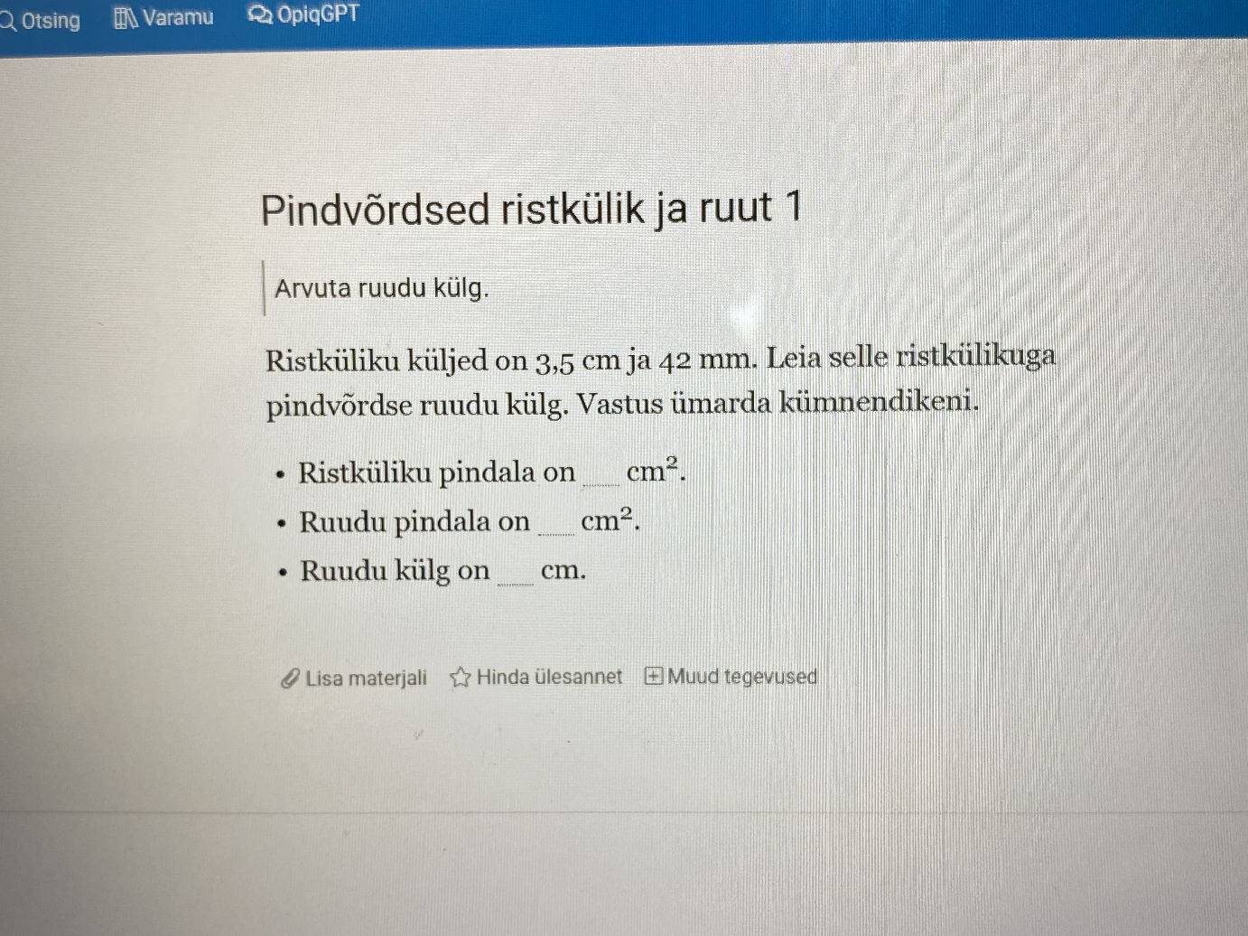 Pindvõrdsed ristkülik ja ruut 1 Arvuta | StudyX