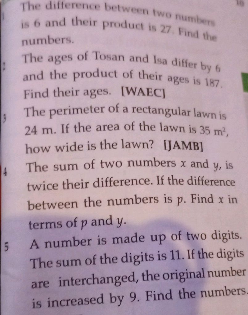 The difference between two numbers is 6 and | StudyX
