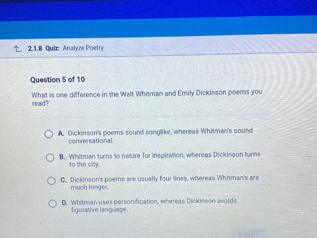 What is one difference in the Walt Whitman | StudyX