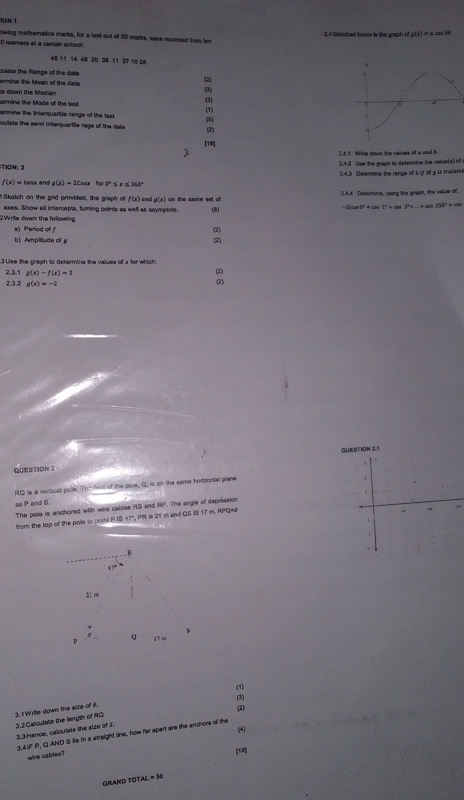 Following mathematics marks, for a test out | StudyX