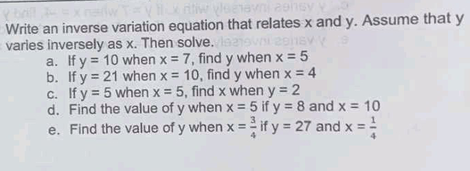 Write an inverse variation equation that | StudyX
