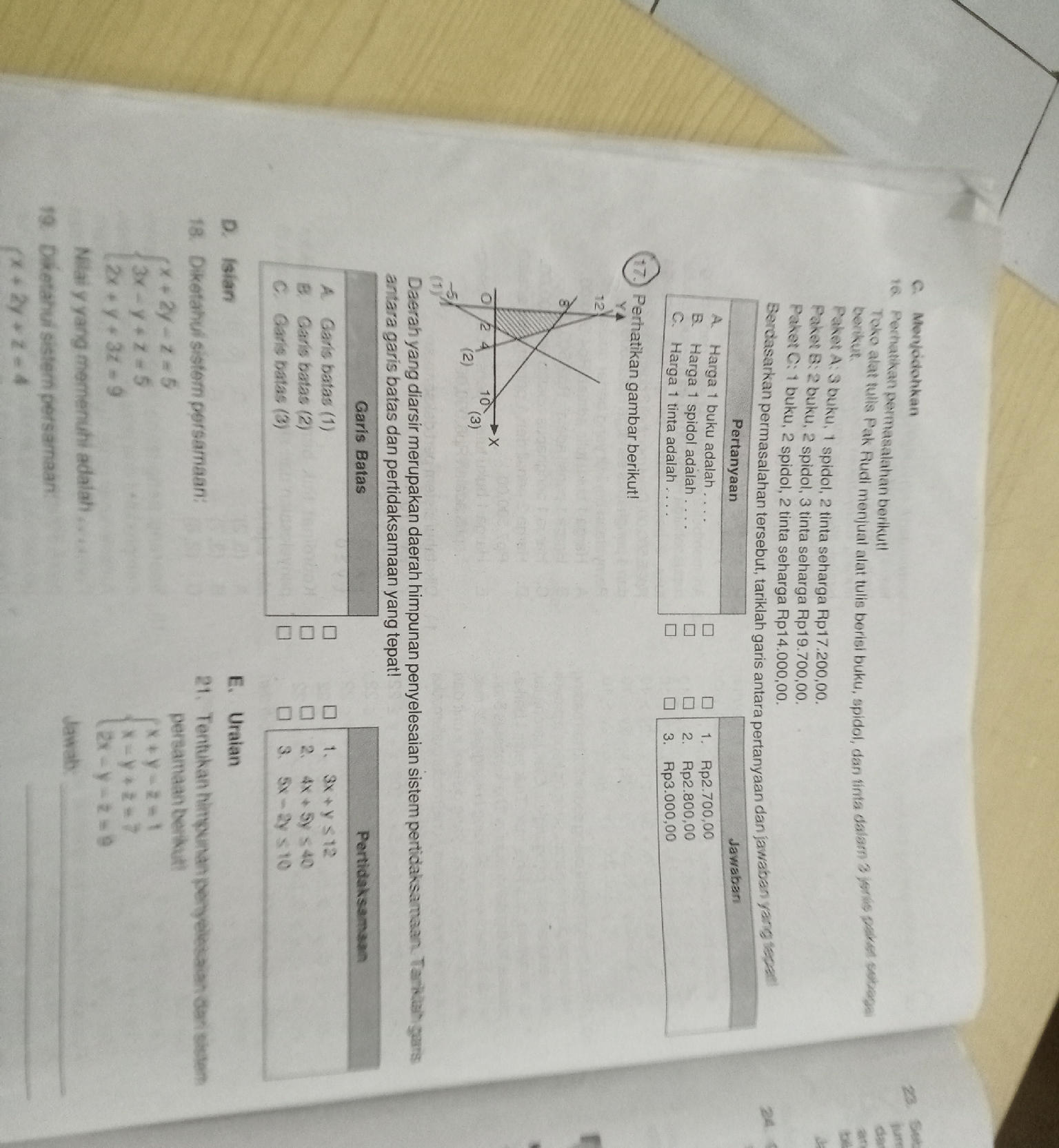 Diketahui sistem persamaan: $x+2y-z=5$ | StudyX