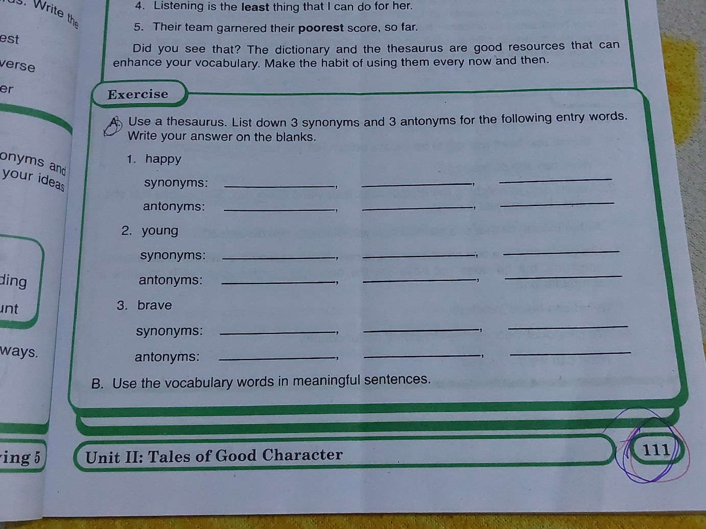 Use a thesaurus. List down 3 synonyms and 3 | StudyX