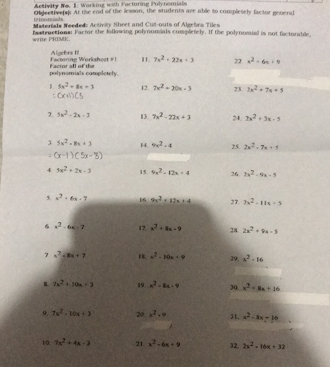 Algebra II Factoring Worksheet #1 Factor all | StudyX